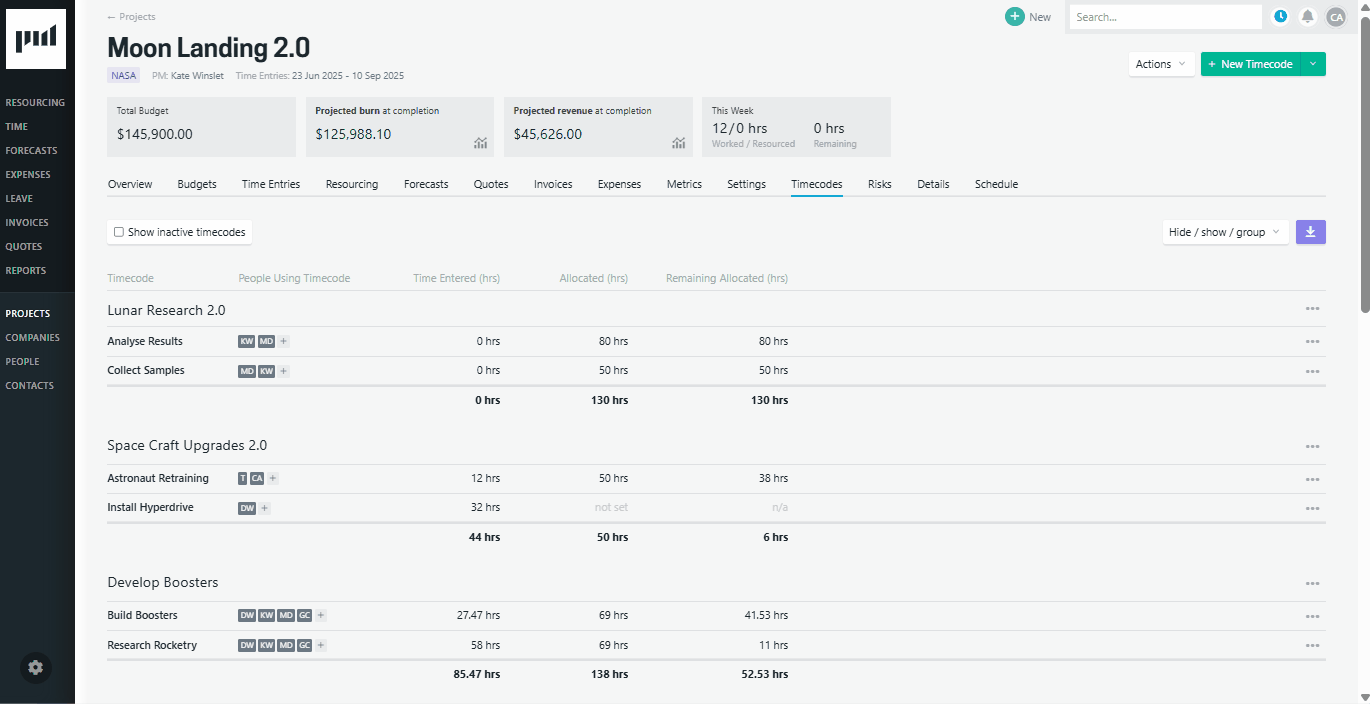 Non-billable timecodes within billable projects